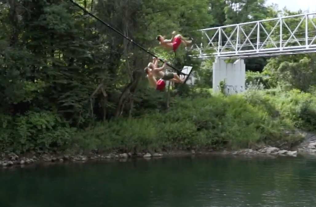 Slovenian daredevils created a water circus using a massive pendulum swing