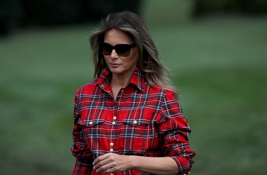 Melania Trump dons casual flannel ensemble for first White House ...
